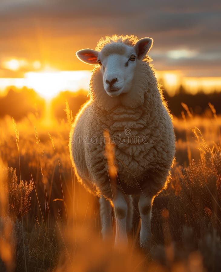 Sheep Stands in Field at Sunset Stock Photo - Image of pasture, meadow ...