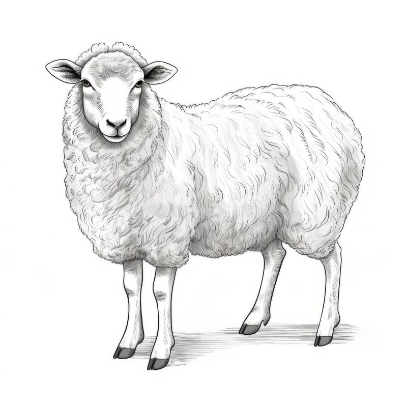 Detailed Shading: Realistic Drawing of a Sheep on White Background ...