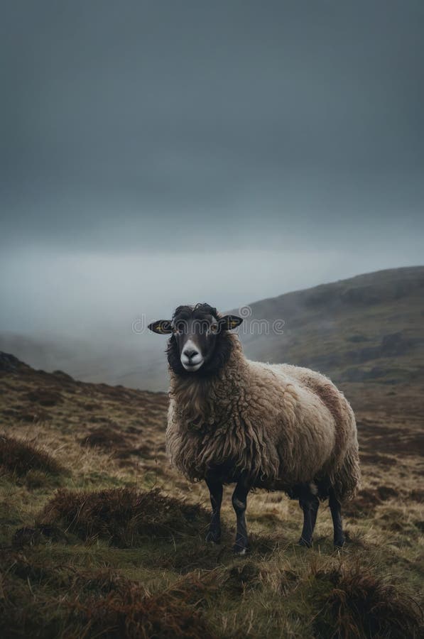 Lone Sheep on Misty Hillside Stock Illustration - Illustration of black ...