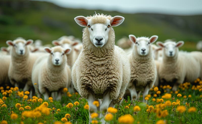 Sheep Stands Out from the Crowd in Field of Dandelions Stock Photo ...