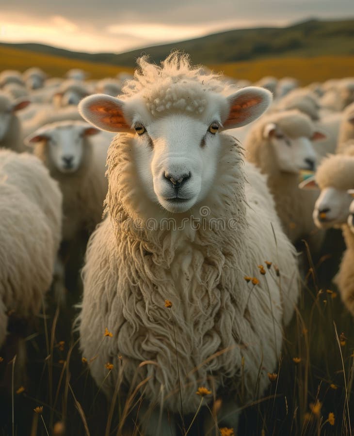 Sheep Stares at the Camera in Field of Sheep. All of the Sheep are ...