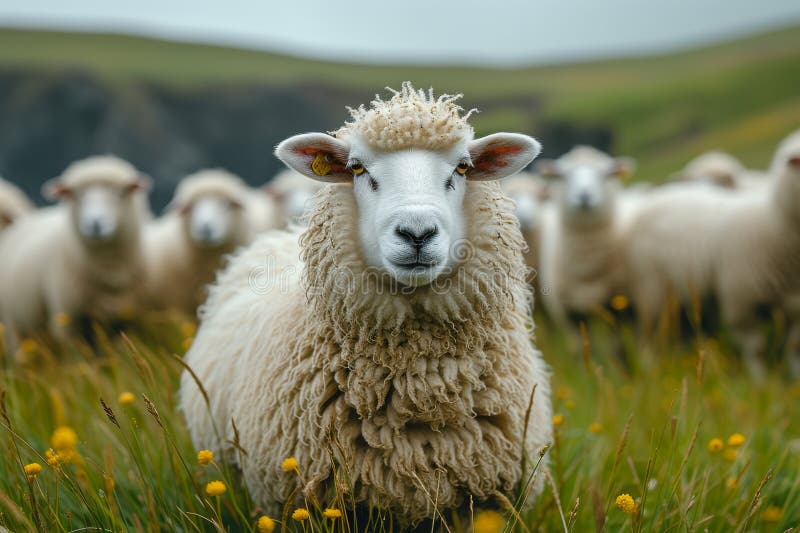 Sheep Stares at the Camera in Field of Grass and Yellow Flowers Stock ...