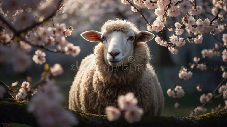 Adorable Sheep in Spring Blossoms Stock Illustration - Illustration of ...