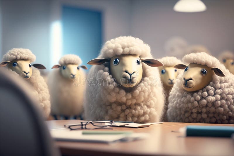 Sheep Taking Over the Office: a Flock of Sheep in Front of a Desk Stock ...