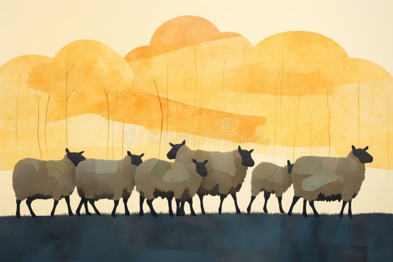 Sheep in a Tight Group, Silhouetted at Dusk Stock Illustration ...