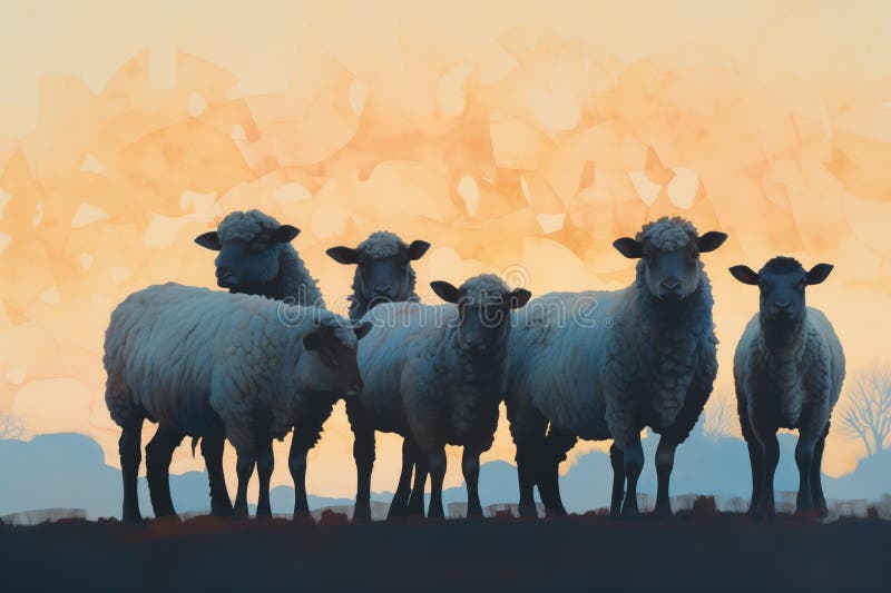 Sheep in a Tight Group, Silhouetted at Dusk Stock Illustration ...