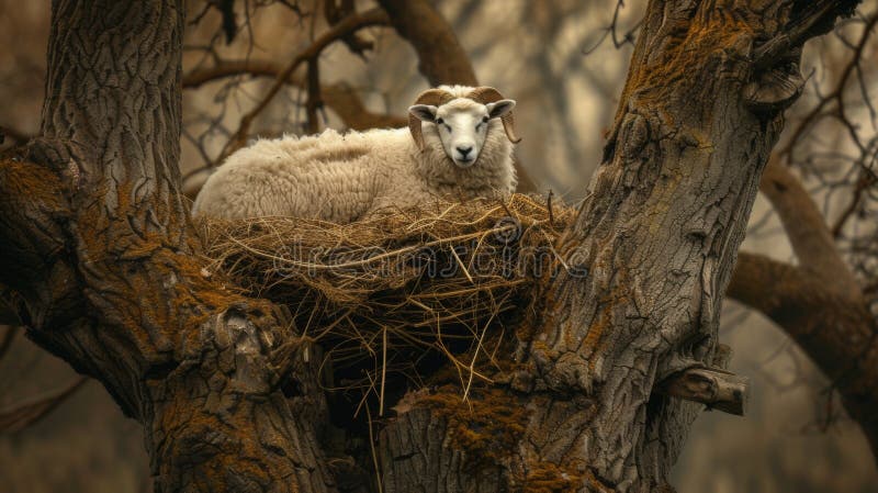 A Sheep on Top of a Nest Made from a Tree Stock Image - Image of animal ...