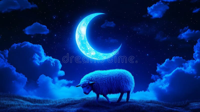 Sheep Under Crescent Moon Tranquil Night Scene Sheep Crescent Moon ...