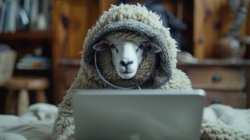 Sheep Using a Magnifying Glass in Front of a Laptop Computer Stock ...