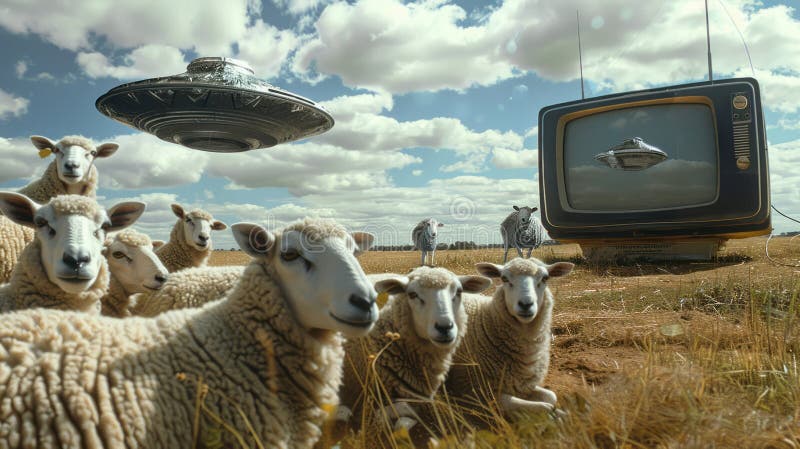 Sheep Watching TV with UFO stock illustration. Illustration of watching ...