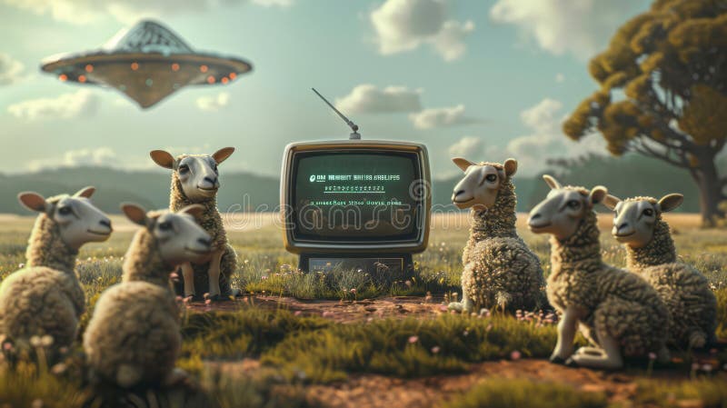 Sheep Watching TV with UFO stock illustration. Illustration of animals ...