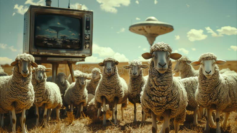 Sheep Watching TV with UFO stock illustration. Illustration of vintage ...