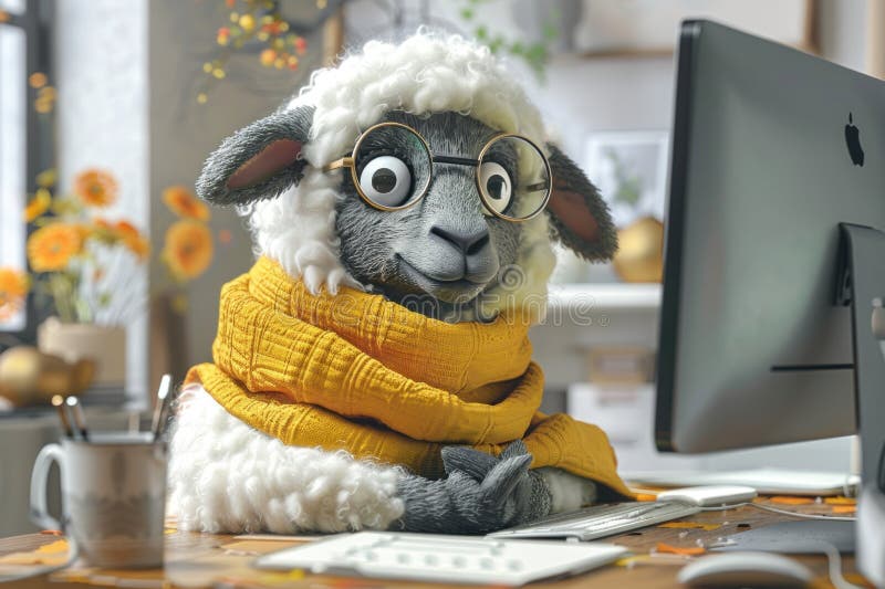 A Sheep Wearing Glasses Using Computer Stock Image - Image of crochet ...