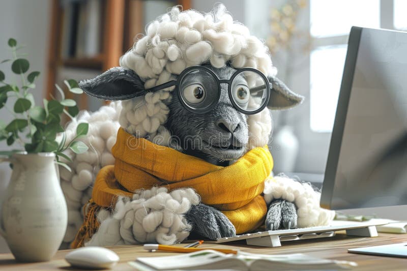 A Sheep Wearing Glasses Using Computer Stock Photo - Image of amigurumi ...