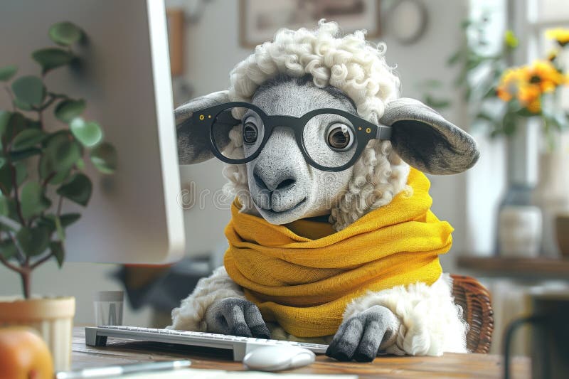 A Sheep Wearing Glasses Using Computer Stock Image - Image of white ...