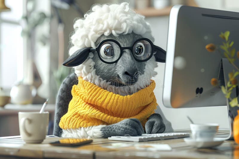 A Sheep Wearing Glasses Using Computer Stock Image - Image of doll ...