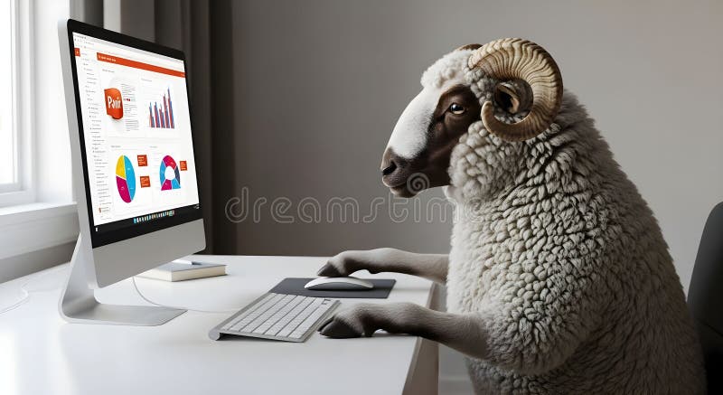 Sheep Working on a Computer at a Desk in a Modern Office Setting Stock ...