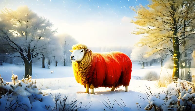 Sheep with Wreath in Christmas Snow Scene Stock Photo - Image of ...
