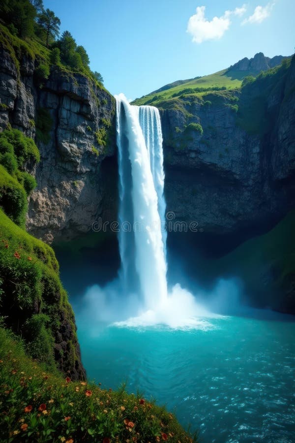 Sheer Cliff Face, Pristine Waterfall Plunges into Turquoise Pool Below ...