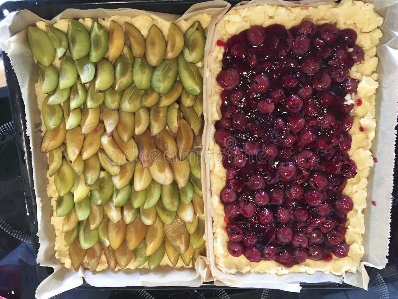 Sheet Cake with Crumble Pastry Base, Topped with Plums and Cherries ...