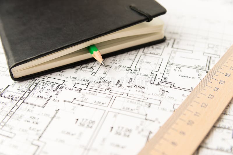 On the Sheet of the Drawing is a Pencil with Notepad Stock Photo ...