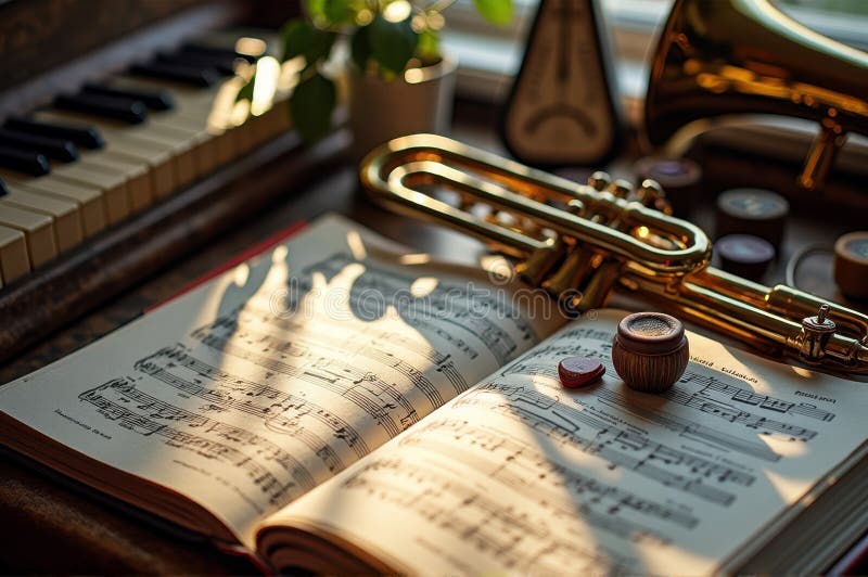 Sheet Music and Brass Instrument on Sunlit Desk with Vintage Metronome ...