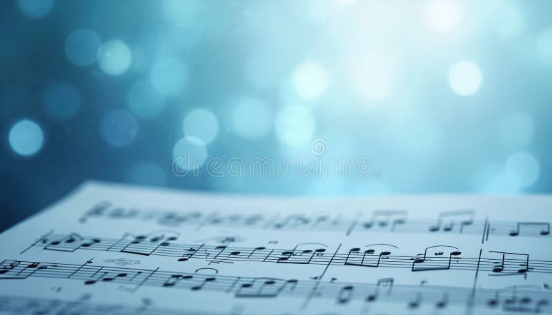Sheet Music with Musical Notes Lies on Surface with Blurred Light Blue ...