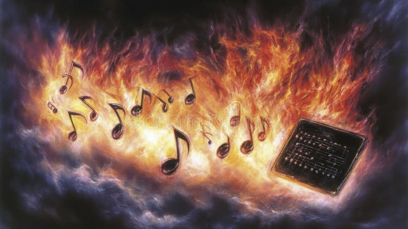 Burning Sheet Music in Blaze of Musical Expressionism Stock ...
