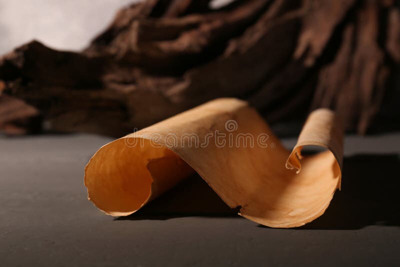Sheet of Old Parchment Paper on Grey Wooden Table, Closeup Stock Image ...