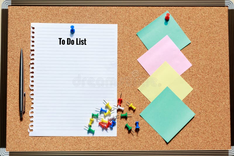 Sheet Of Paper With Cork Board Pen Colorful Push Pin And Stick Stock