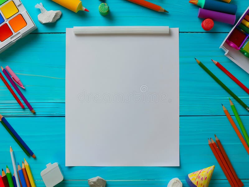 A Sheet of Paper with Crayons and Colored Pencils on a Blue Wooden ...