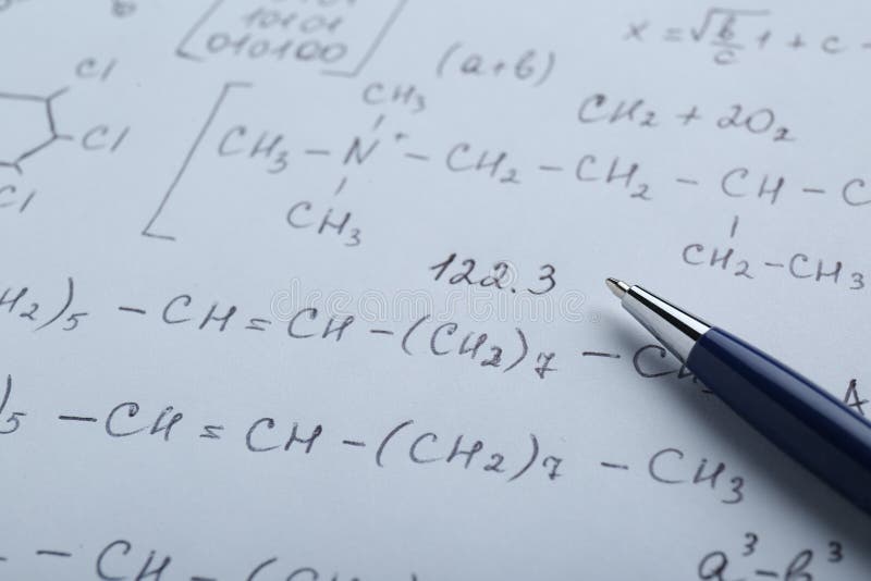 Sheet of Paper with Different Chemical Formulas and Pen, Closeup Stock ...