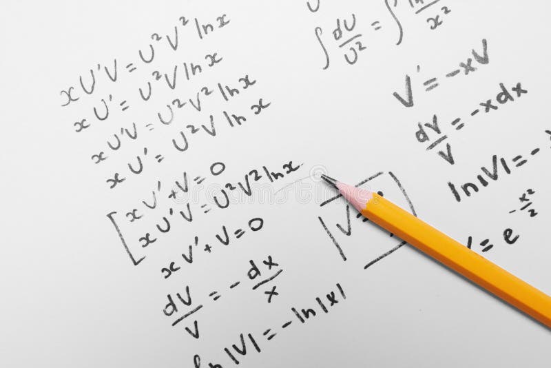 Sheet of Paper with Mathematical Formulas and Pencil, Top View Stock ...