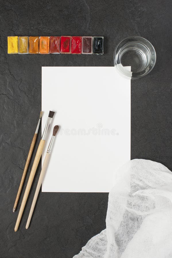 Sheet of Paper and Water Colors on the Table Stock Image - Image of ...