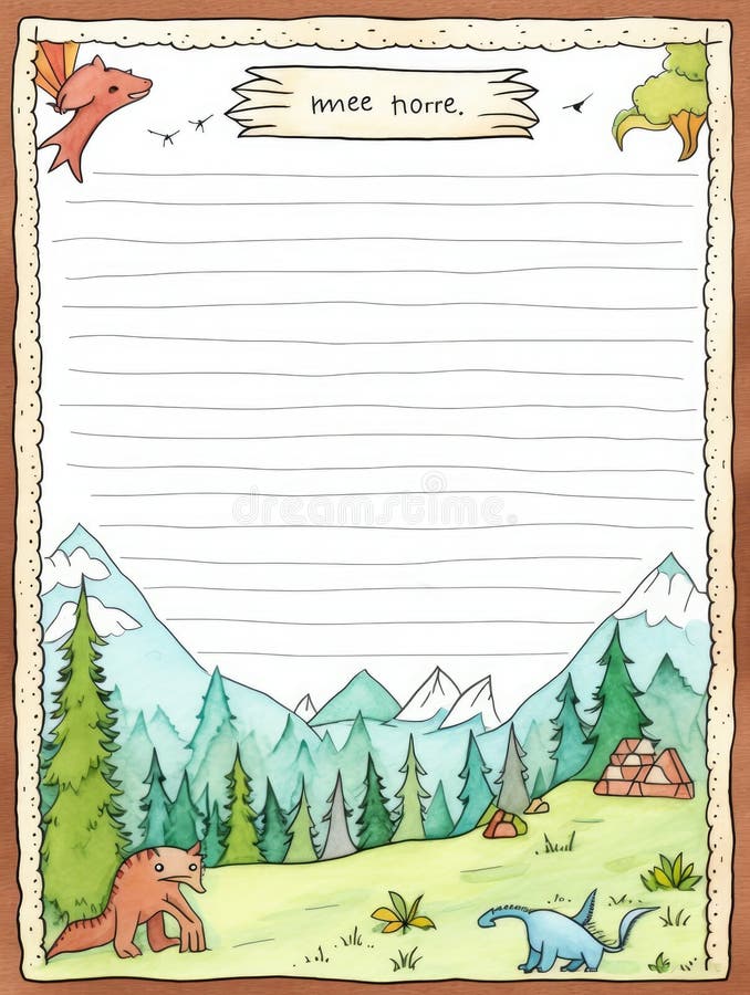 Sheet Template for Notebook, Dinosaurs in the Forest, Cartoon, Notepad ...