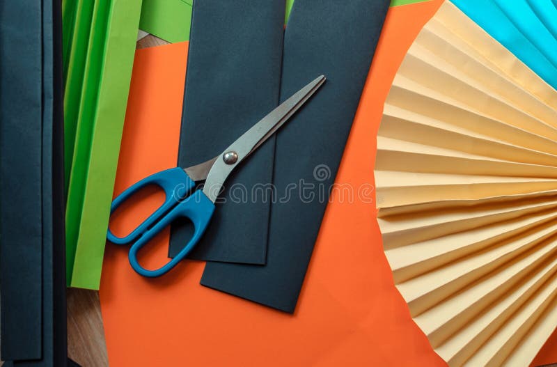 Sheets of Colored Paper, Scissors, Blanks for Origami. Stock Image ...