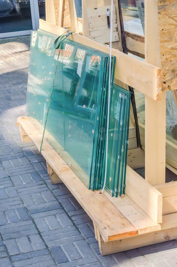 Sheets of Glass Stacked Vertically in Wooden Construction Frame Stock ...