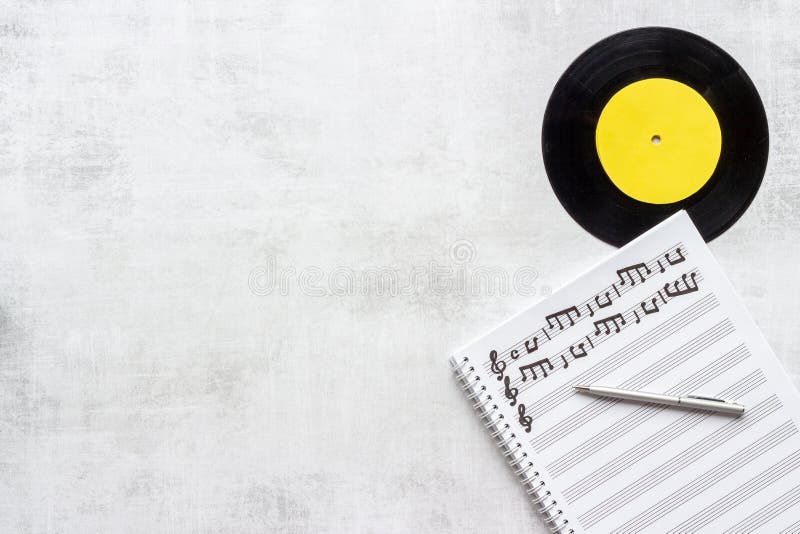 Sheets with Music Notes and Vinyl Record. Compose Music Concept Stock ...