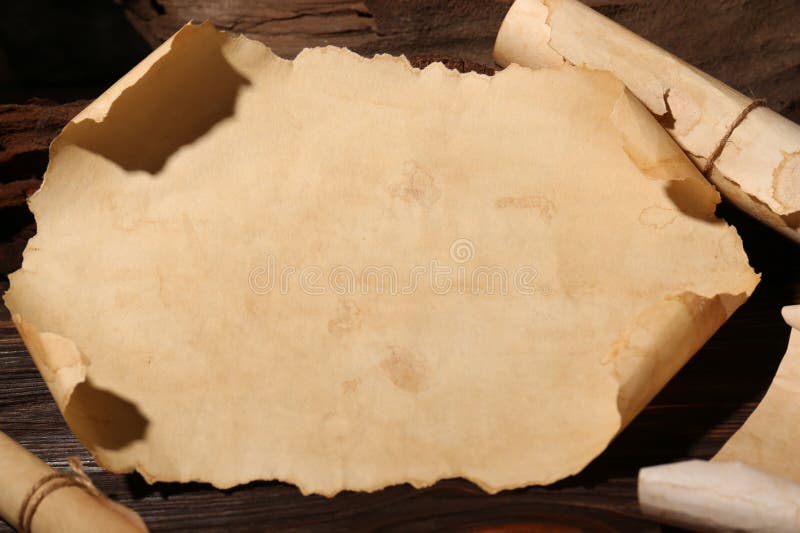 Sheets of Old Parchment Paper on Wooden Table Stock Image - Image of ...