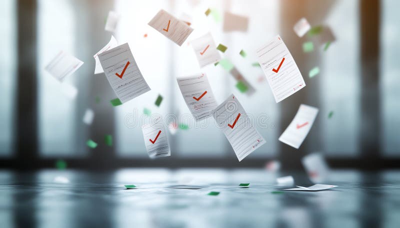 Sheets of Paper with Checkmarks Float through the Air, Symbolizing ...