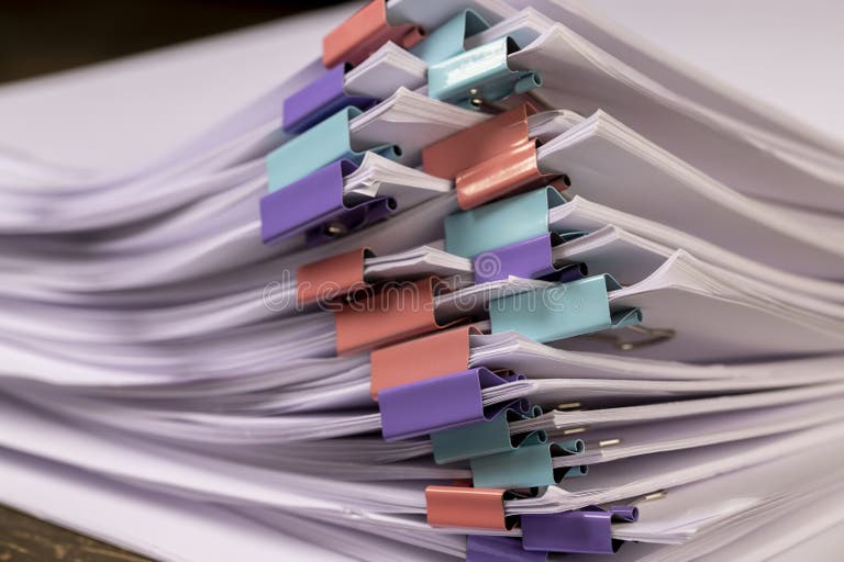 Sheets of Paper are Connected by Multicolored Clips, Stacked Sheets of ...