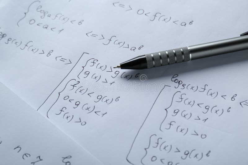 Sheets of Paper with Different Mathematical Formulas and Pen, Closeup ...