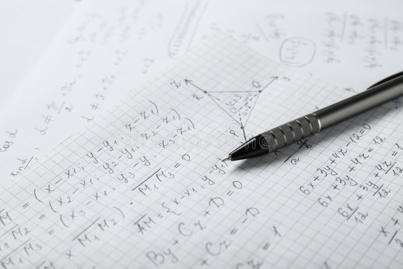 Sheets of Paper with Different Mathematical Formulas and Pen, Closeup ...