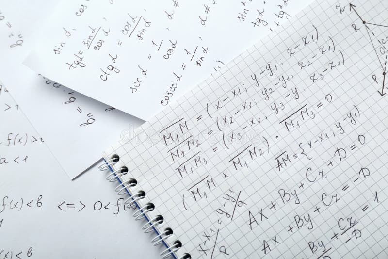 Sheets of Paper with Different Mathematical Formulas, Top View Stock ...