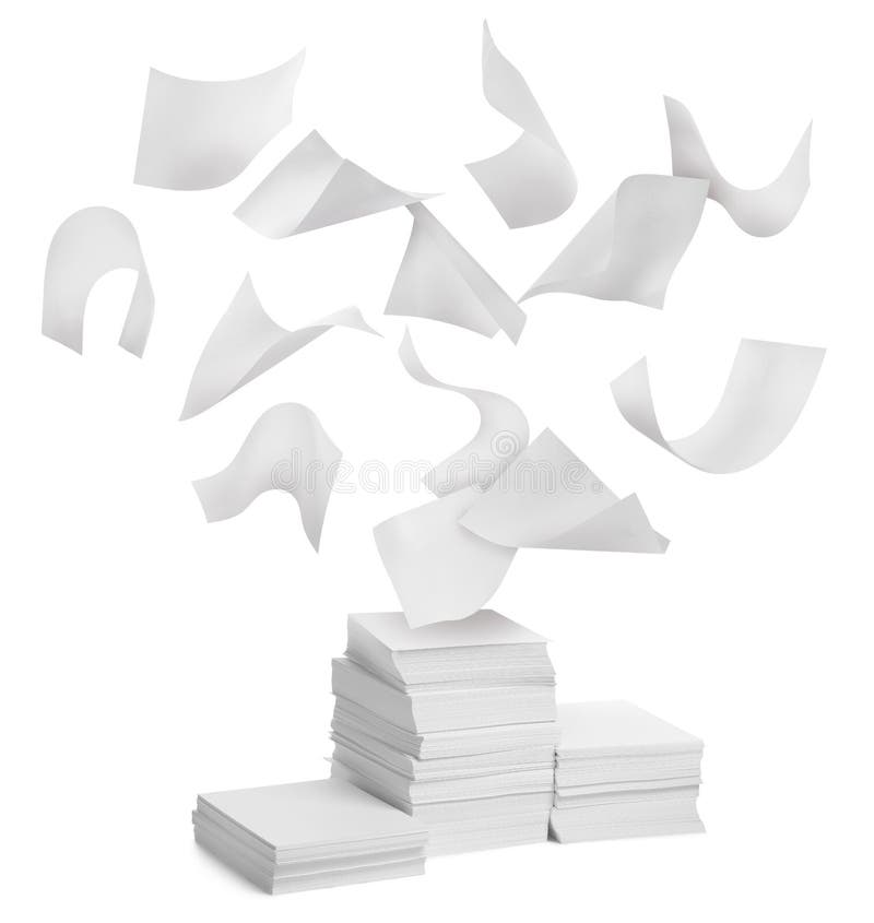 Sheets of Paper Falling Onto Stacked Ones on White Background Stock ...