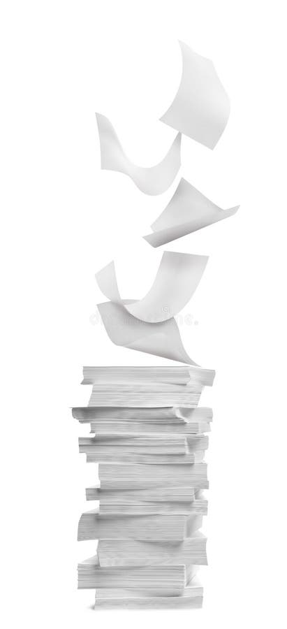 Sheets of Paper Falling Onto Stacked Ones on White Background Stock ...