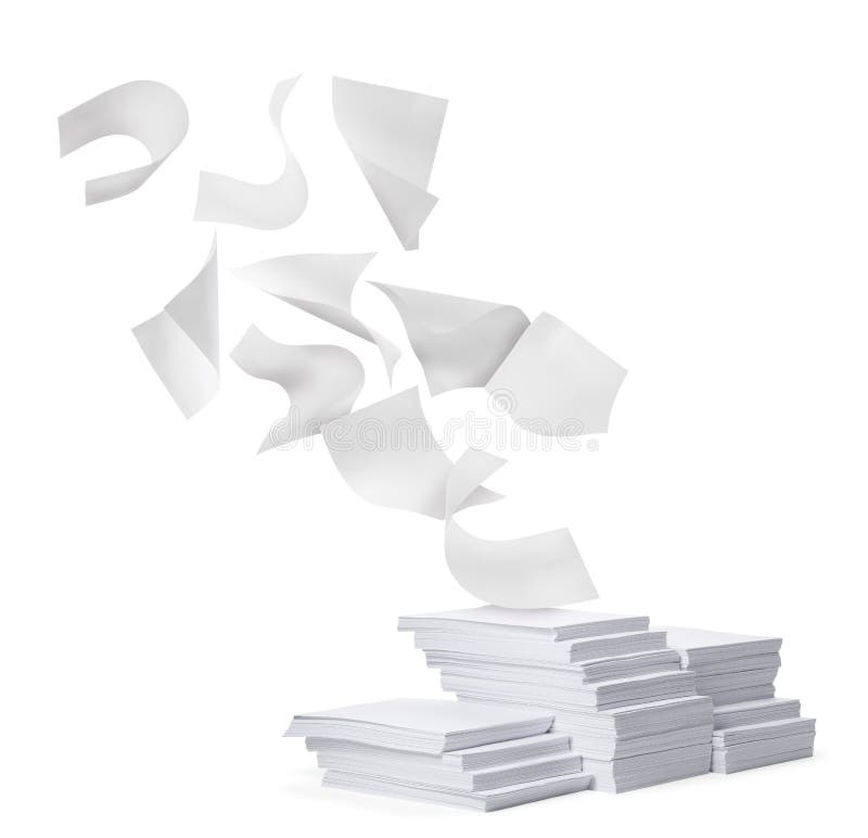 Sheets of Paper Flying Over Stacked Ones on White Background Stock ...