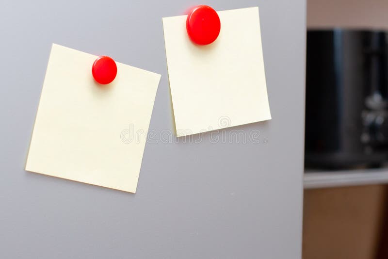 Sheets of Paper with Magnets on Fridge Kitchen. Space for Text Stock ...