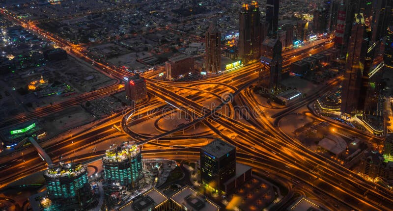 Night View of Sheikh Zayed Highway Road Intersection in Dubai ...