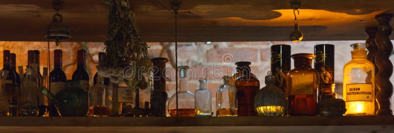 Shelf with Alchemy/pharmacy Bottles Stock Image - Image of rack ...